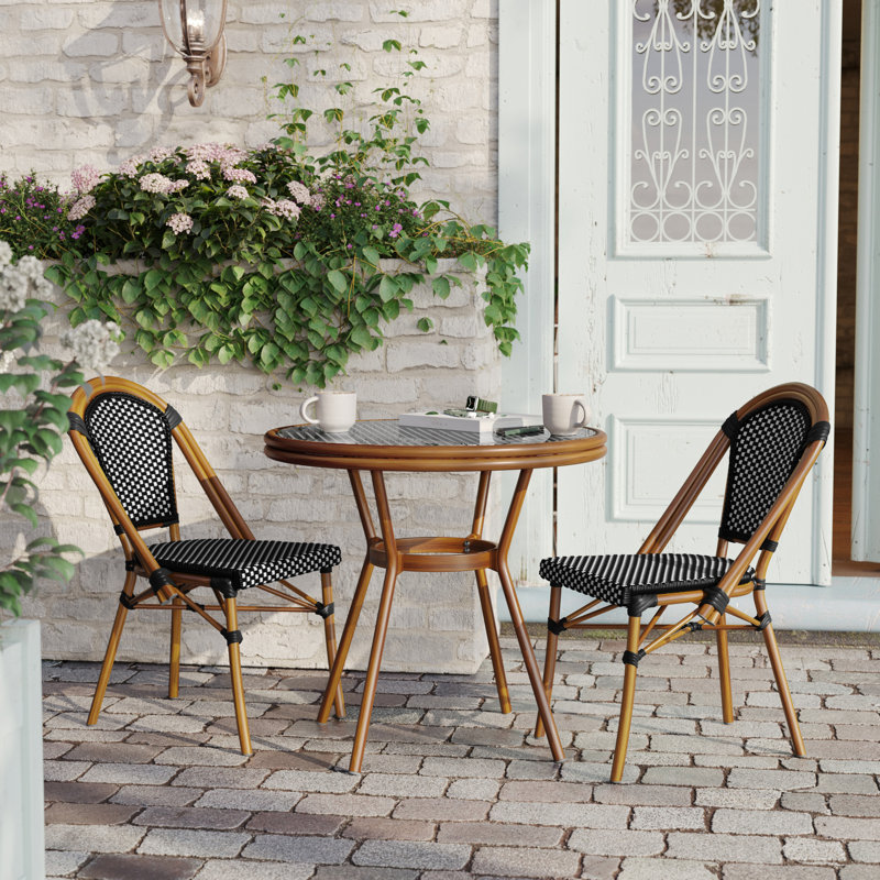 Rylan Indoor Outdoor Commercial Bistro Set with Table and Two Chairs Brown Blue